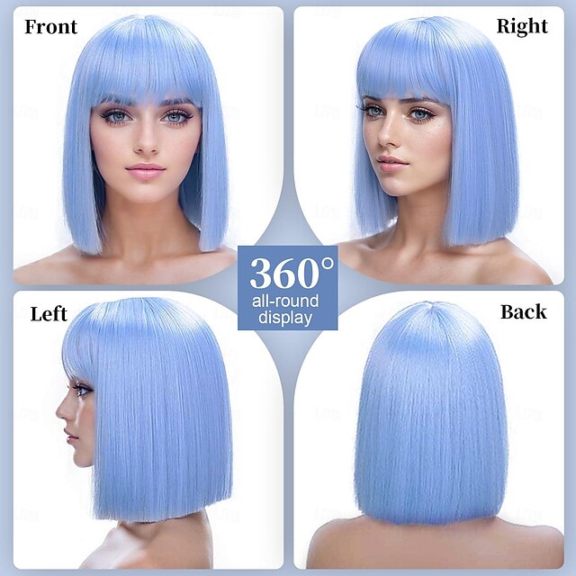 Light Blue Bob Wig with Bangs Short Straight Blue Wig for Women ...
