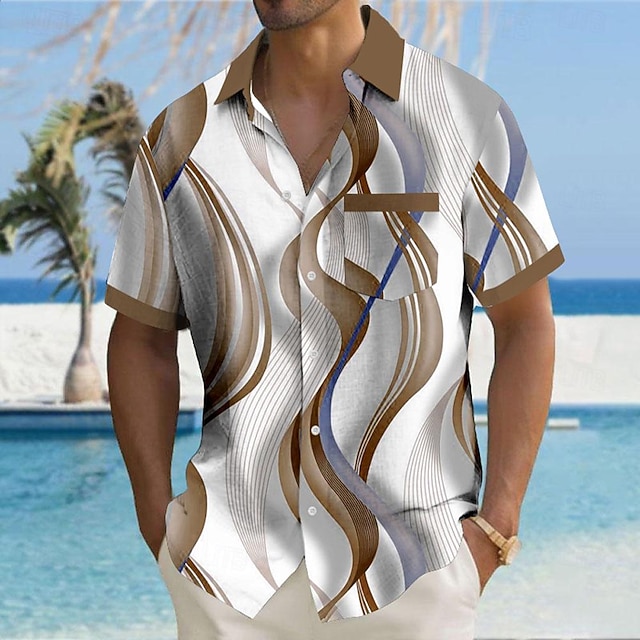 Men's Geometric Lines / Waves Geometric Pattern Button Up Shirt Printed ...