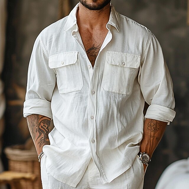 Men's Linen Shirt White Long Sleeve Fold-over Collar Summer Spring ...