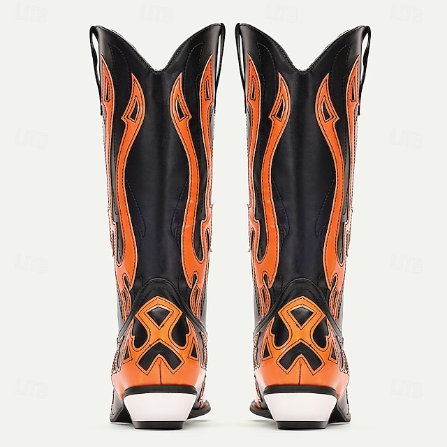 Men's Black and Orange Mid-Calf Western Cowboy Boots - Bold Flame ...