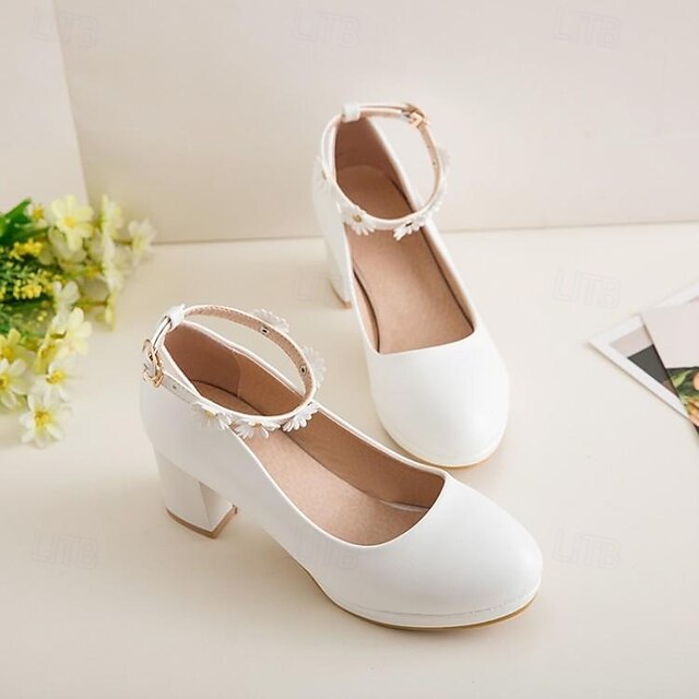 Girls' White Block Heel Dress Shoes with Daisy Flower Ankle Strap ...