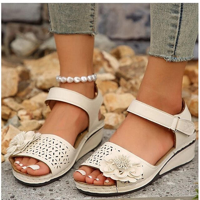 Women's Red Wedge Sandals with Floral Embellishments and Adjustable ...