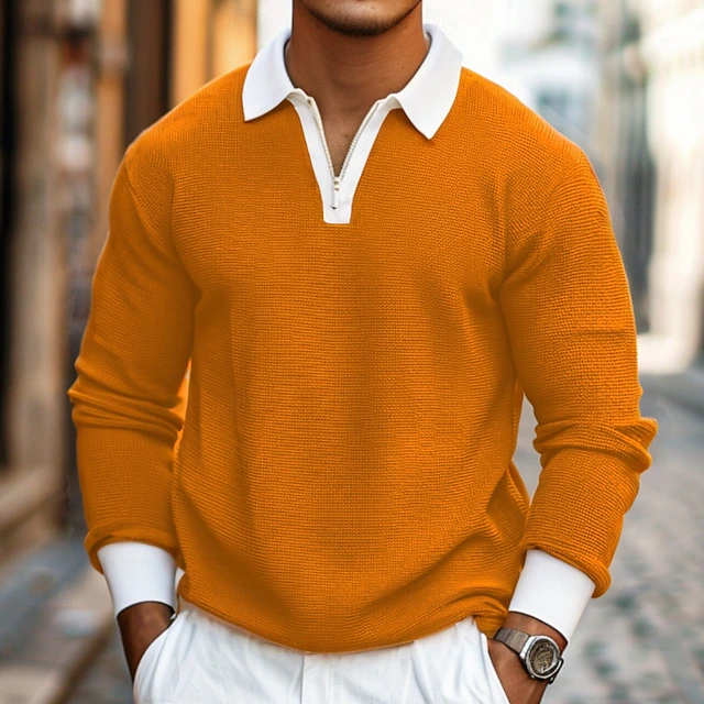 Men's Waffle Polo Shirts Textured Outdoor Causal Quarter Zip Long ...