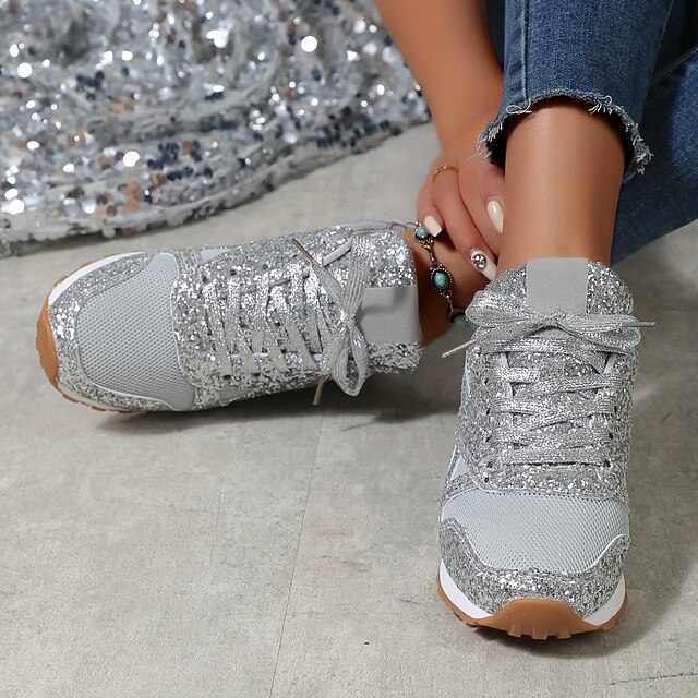 Women's Silver Glitter Sneakers Mesh Lace-Up with Comfortable Sole 2025 ...