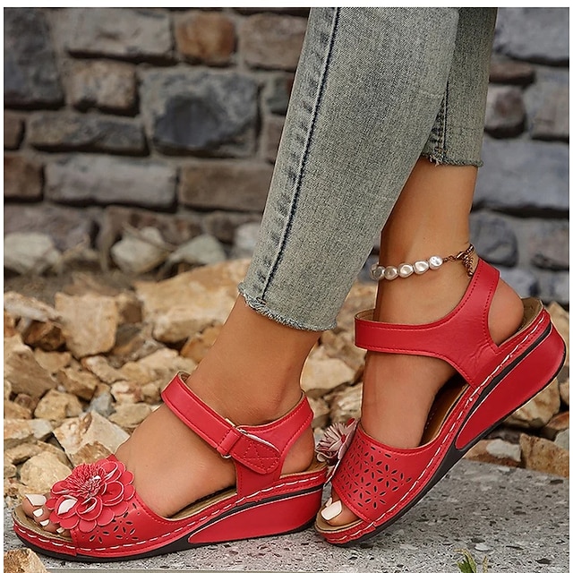 Women's Red Wedge Sandals with Floral Embellishments and Adjustable ...
