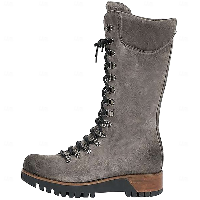 Women's Navy Suede Lace-Up Combat Boots with Side Zipper and Rugged ...