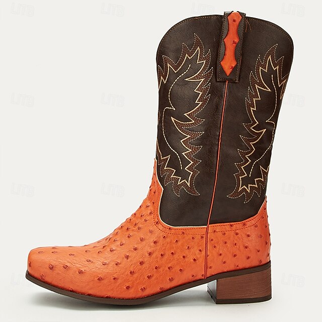 Men's Western Cowboy Boots with Orange Ostrich Leather and Dark Brown ...