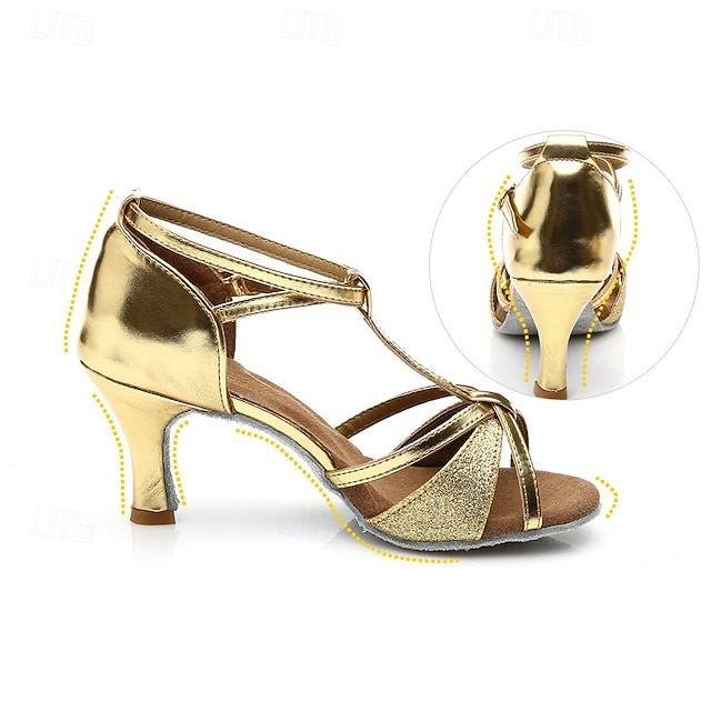 Women's Gold Glitter Dance Sandals with Ankle Strap and Mid Heel High ...