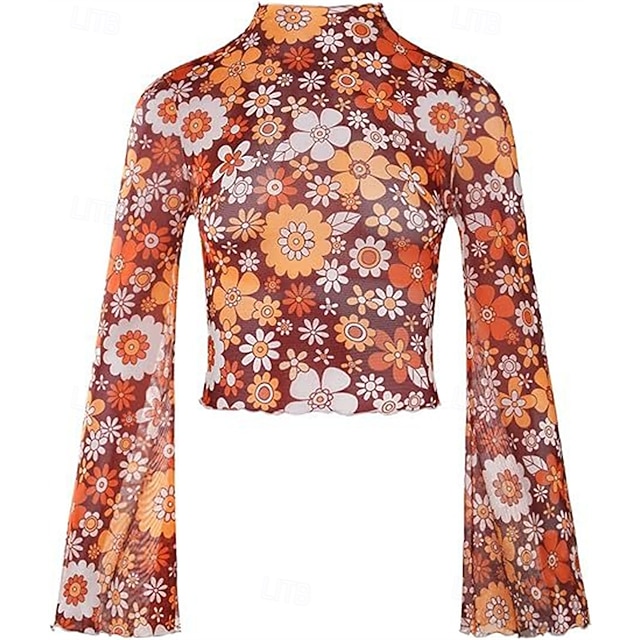1970s Outfits for Women Bell Sleeve Tops Disco Outfit Floral Mock Neck ...