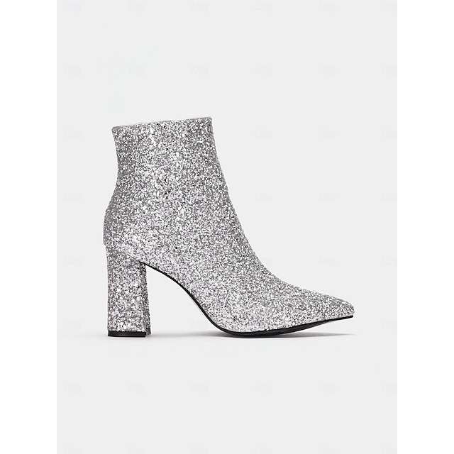 Women's Silver Glitter Ankle Boots with Block Heels, Sparkling and Chic ...