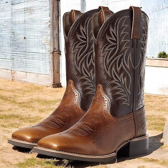 Men's Brown Western Cowboy Boots with Embroidered Shaft, Durable Faux ...