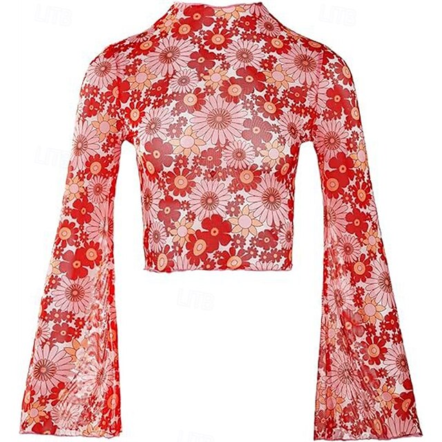 1970s Outfits for Women Bell Sleeve Tops Disco Outfit Floral Mock Neck ...