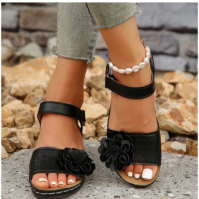 Women's Red Wedge Sandals with Floral Embellishments and Adjustable ...