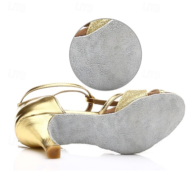 Women's Gold Glitter Dance Sandals with Ankle Strap and Mid Heel High ...