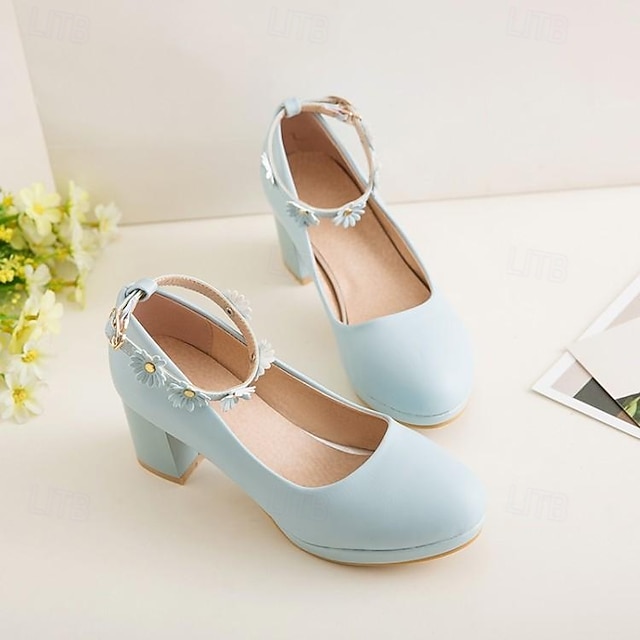 Girls' White Block Heel Dress Shoes with Daisy Flower Ankle Strap ...