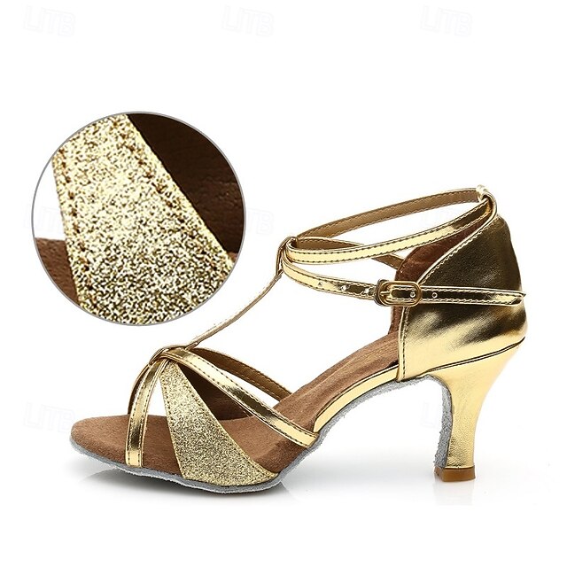 Women's Gold Glitter Dance Sandals with Ankle Strap and Mid Heel High ...
