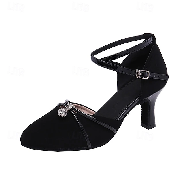Women's Black Dance Shoes with Ankle Strap and Rhinestone Accent ...