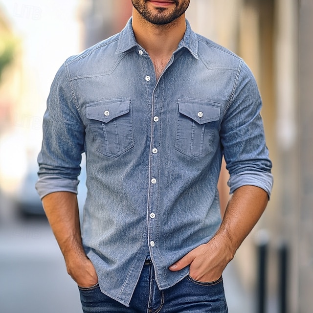 Men's Shirt Chambray Shirt Calico Shirt Casual Shirt Button Up Shirt ...