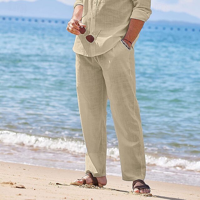 Men's Linen Pants Trousers Summer Pants Beach Pants Drawstring Elastic ...