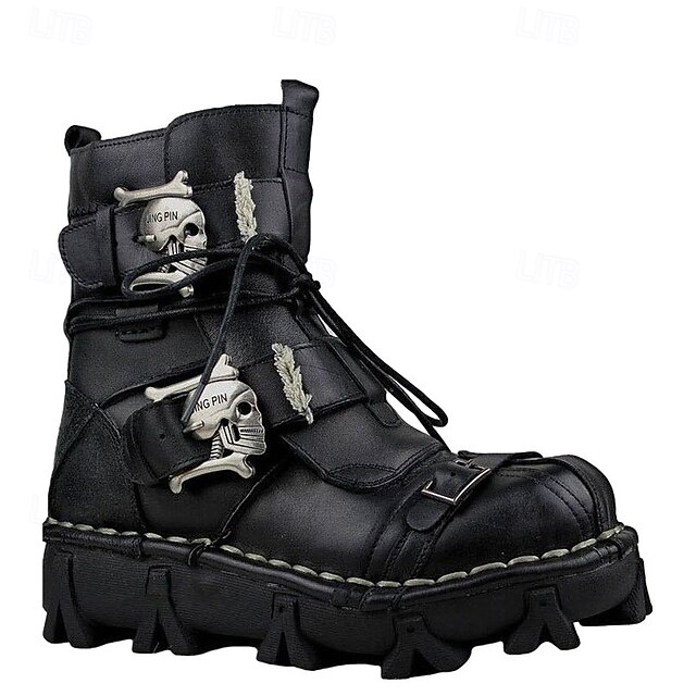 Men's Gothic Steampunk Skull Buckle Combat Boots with Rugged Sole ...