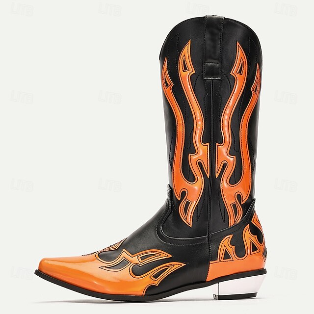 Men's Black and Orange Mid-Calf Western Cowboy Boots - Bold Flame ...
