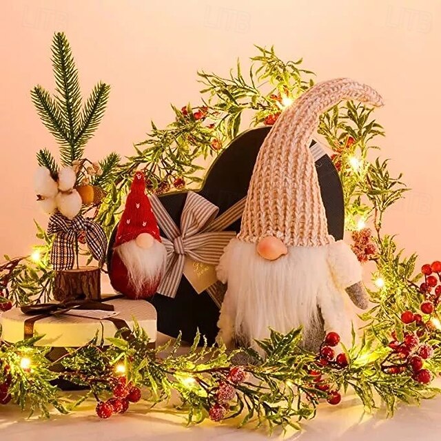 LED Red Fruit Cane Garland Lights Simulation Pine Branch Fairy Leaf ...