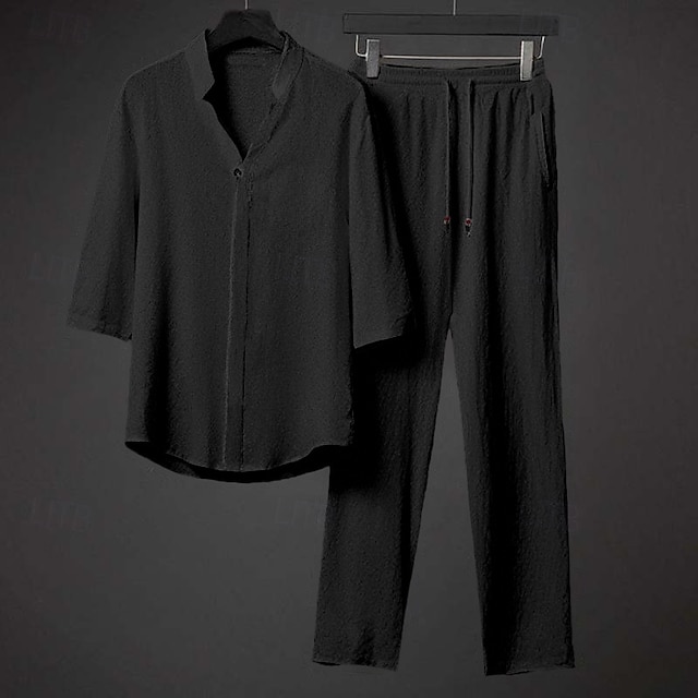 Men's Band Collar Shirt 2 Piece Shirt Set Summer Set Matching Sets ...