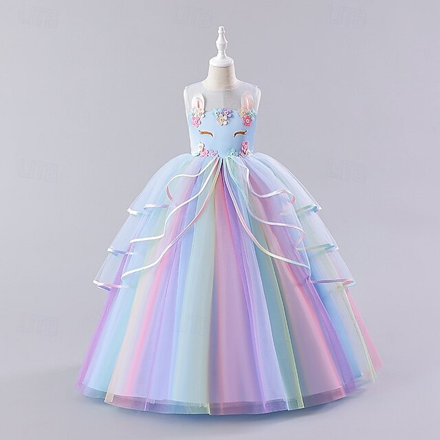 Kids Girls' Dress Color Block Rainbow Sleeveless Party Sweet Polyester ...