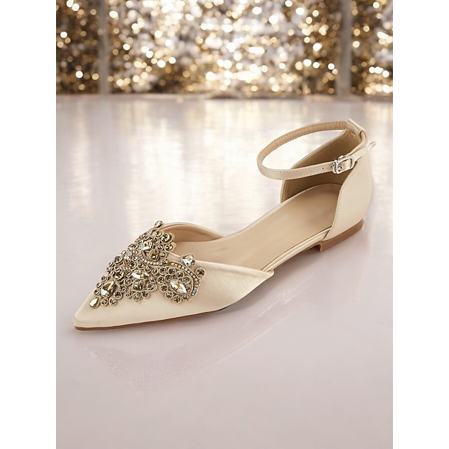 Women's Ivory Satin Flats with Rhinestone Embellishments - Elegant ...