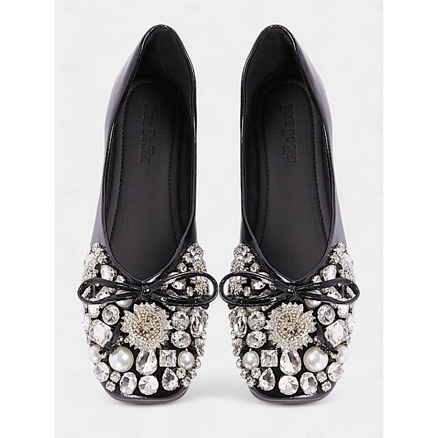 Women's Black Rhinestone and Pearl Embellished Ballet Flats with Bow ...