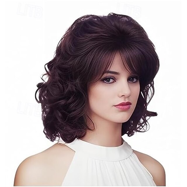 Short Wigs for Women Brunette Wavy Vintage Wig with Bangs Synthetic ...