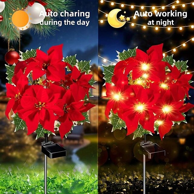 1Pack Solar Poinsettia Lights, Pathway Lights,Outdoor Decorations ...