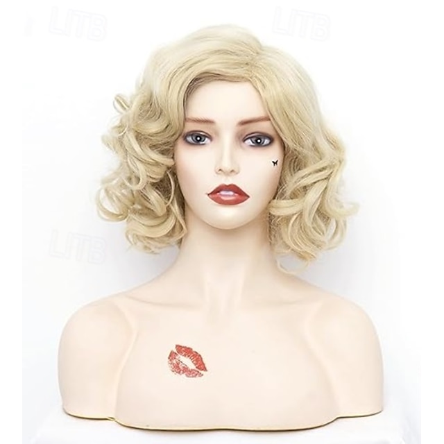 Short Wavy Wig for Women Curly Hair Natural Synthetic Wig Middle Part ...