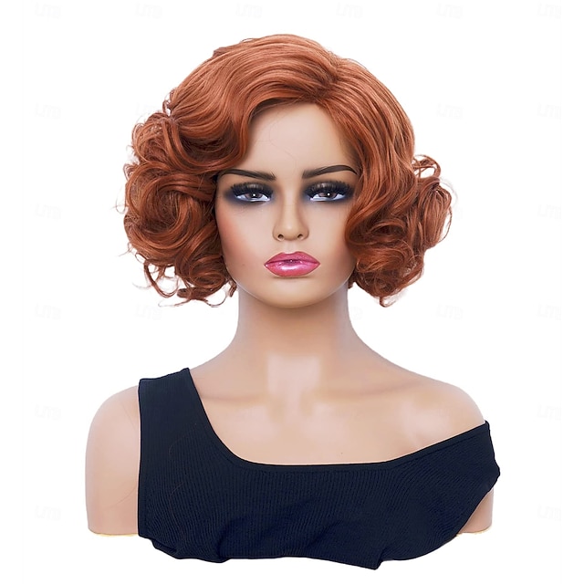Short Wavy Wig for Women Curly Hair Natural Synthetic Wig Middle Part ...