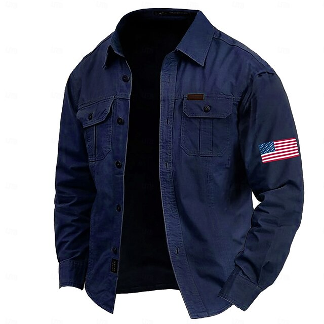 Men's American US Flag Work Shirt Western Shirt Cargo Shirt Long Sleeve ...