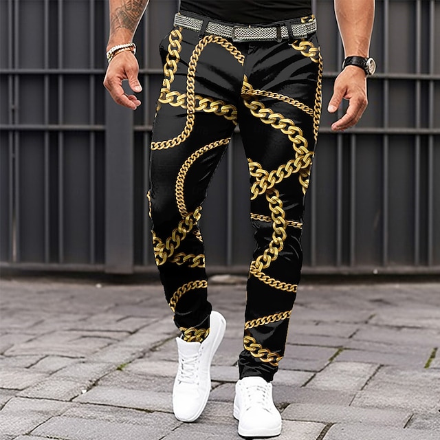 Men's Chains Print Dress Pants Mid Waist Business Casual Formal ...