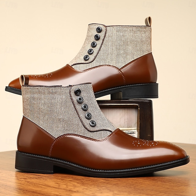 Men's Herringbone Fabric and Faux Leather Button-Up Ankle Boots ...