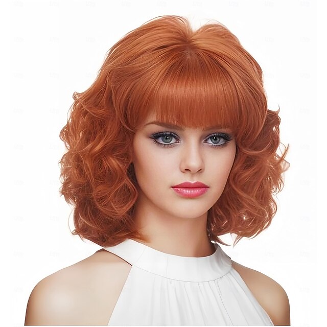 Short Wigs for Women Brunette Wavy Vintage Wig with Bangs Synthetic ...