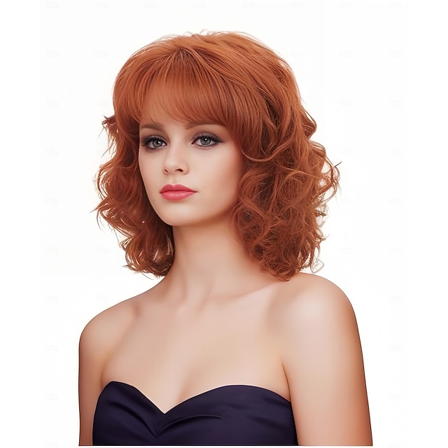 Short Wigs for Women Brunette Wavy Vintage Wig with Bangs Synthetic ...