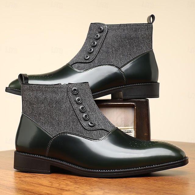 Men's Herringbone Fabric and Faux Leather Button-Up Ankle Boots ...