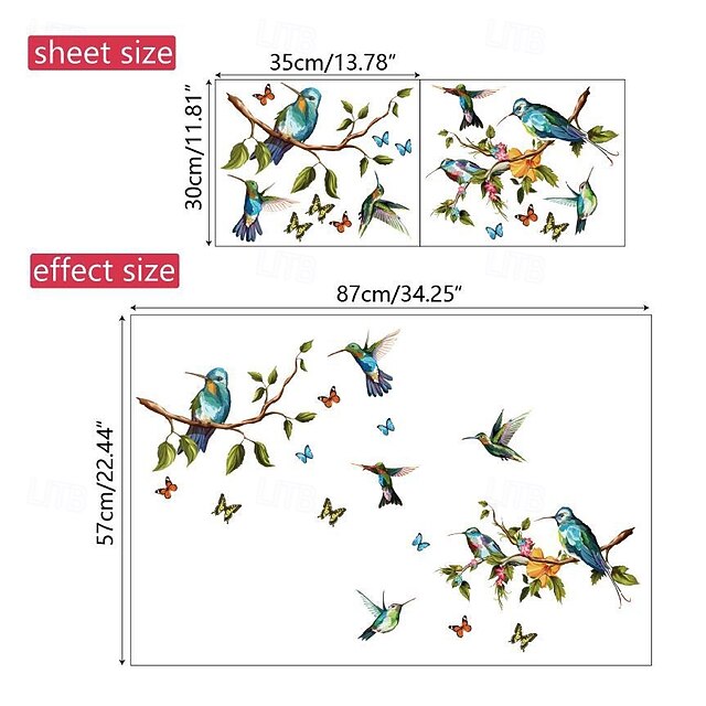 1 Set Of Hummingbird Wall Decals, Peel And Stick, Bird Flower Wall ...
