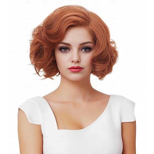 Short Wavy Wig for Women Curly Hair Natural Synthetic Wig Middle Part ...