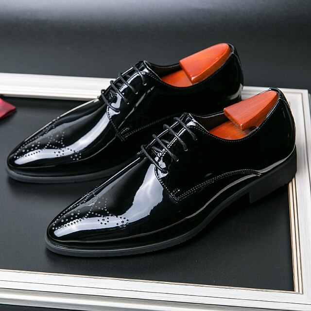 Men's Green Patent Faux Leather Dress Shoes – Glossy Lace-Up Formal ...
