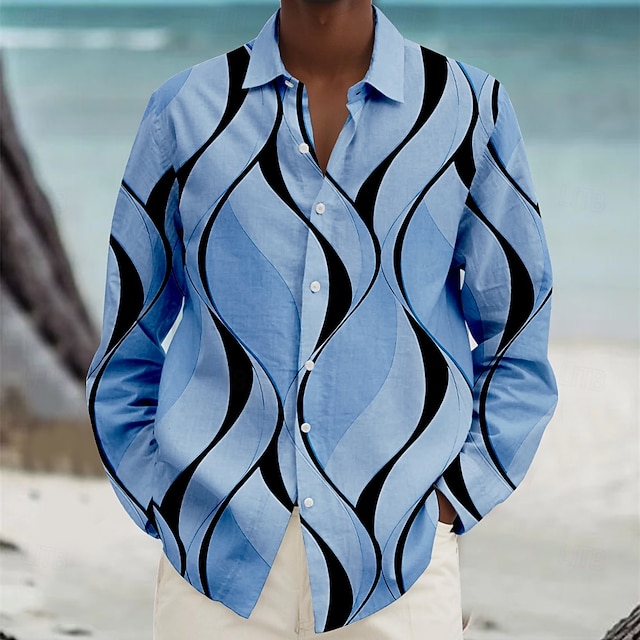 Men's Geometric Lines / Waves Geometric Pattern Button Up Shirt Printed ...