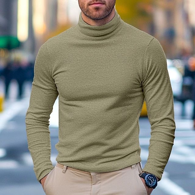 Men's 65% Cotton Mock Turtleneck Tee Top Long Sleeve Shirt Solid Color ...