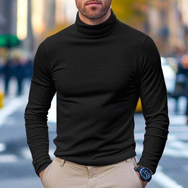 Men's 65% Cotton Mock Turtleneck Tee Top Long Sleeve Shirt Solid Color ...