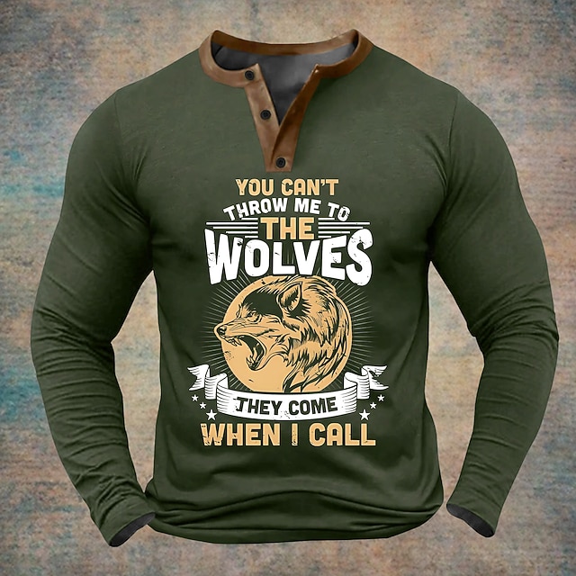 Mens Long Sleeve Henley T-Shirt, Wolf Graphic Tee with 'You Can't Throw ...
