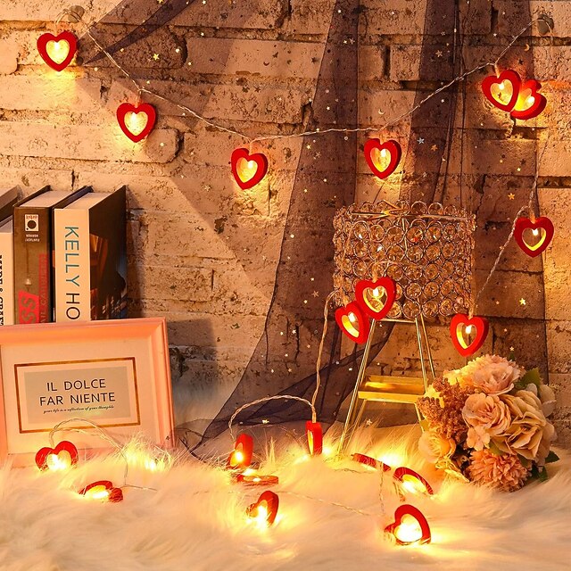 Wooden Heart String Lights LED Fairy Lights 3m 20LED Hanging Wood Love ...