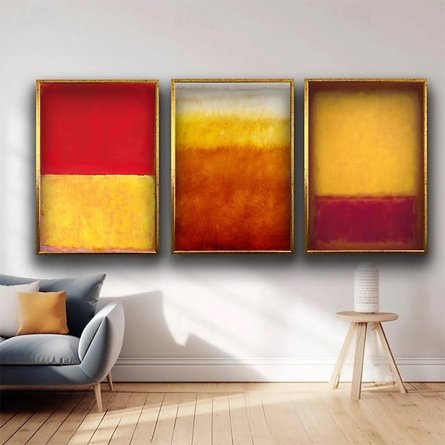 Yellow red set of 3 canvas Mark Rothko Hand-painted Oil Paintings ...