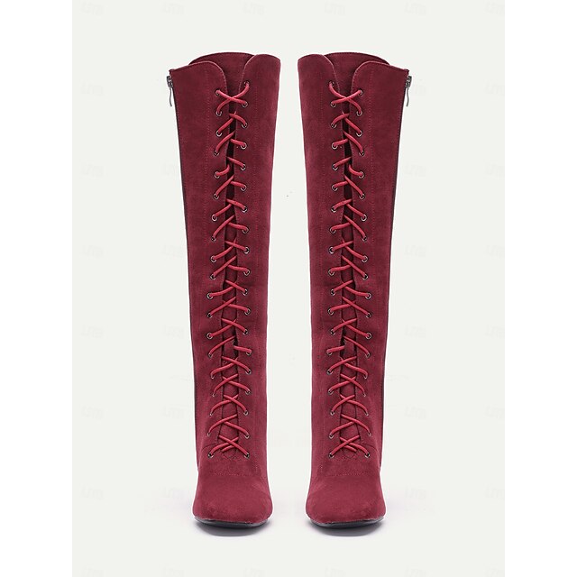 Women's Red Knee-High Lace-Up Boots with Block Heels & Plush Lining ...